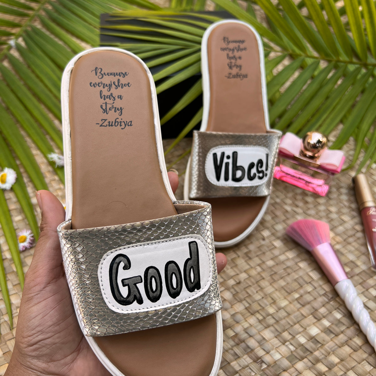 good vibes rustic silver slides – zubiyastore