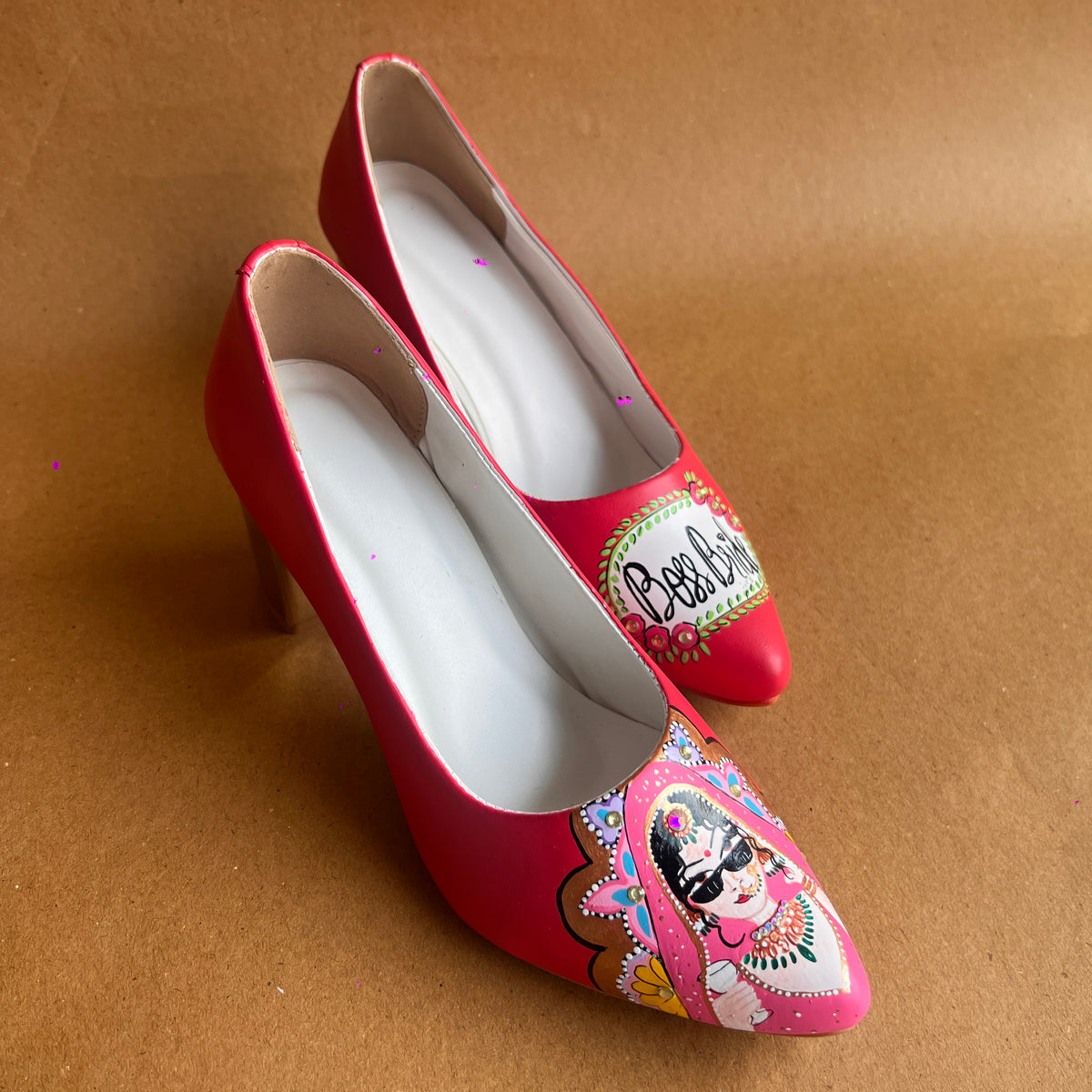Coral red Dulhan Artwork block 3.5 Inch pump Heels – zubiyastore